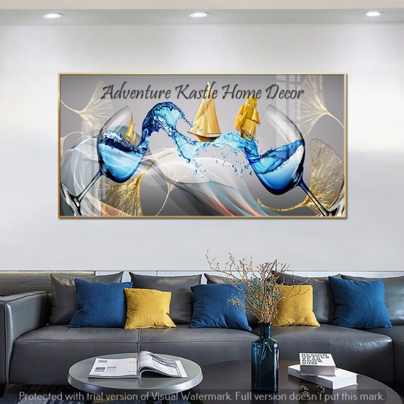 Royal Blue Wine Glasses Crystal Porcelain 5D Wall Art