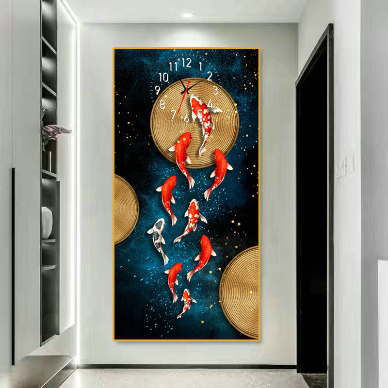 Koi 9 Fishes Vertical Style Crystal Porcelain 3D Wall Clock