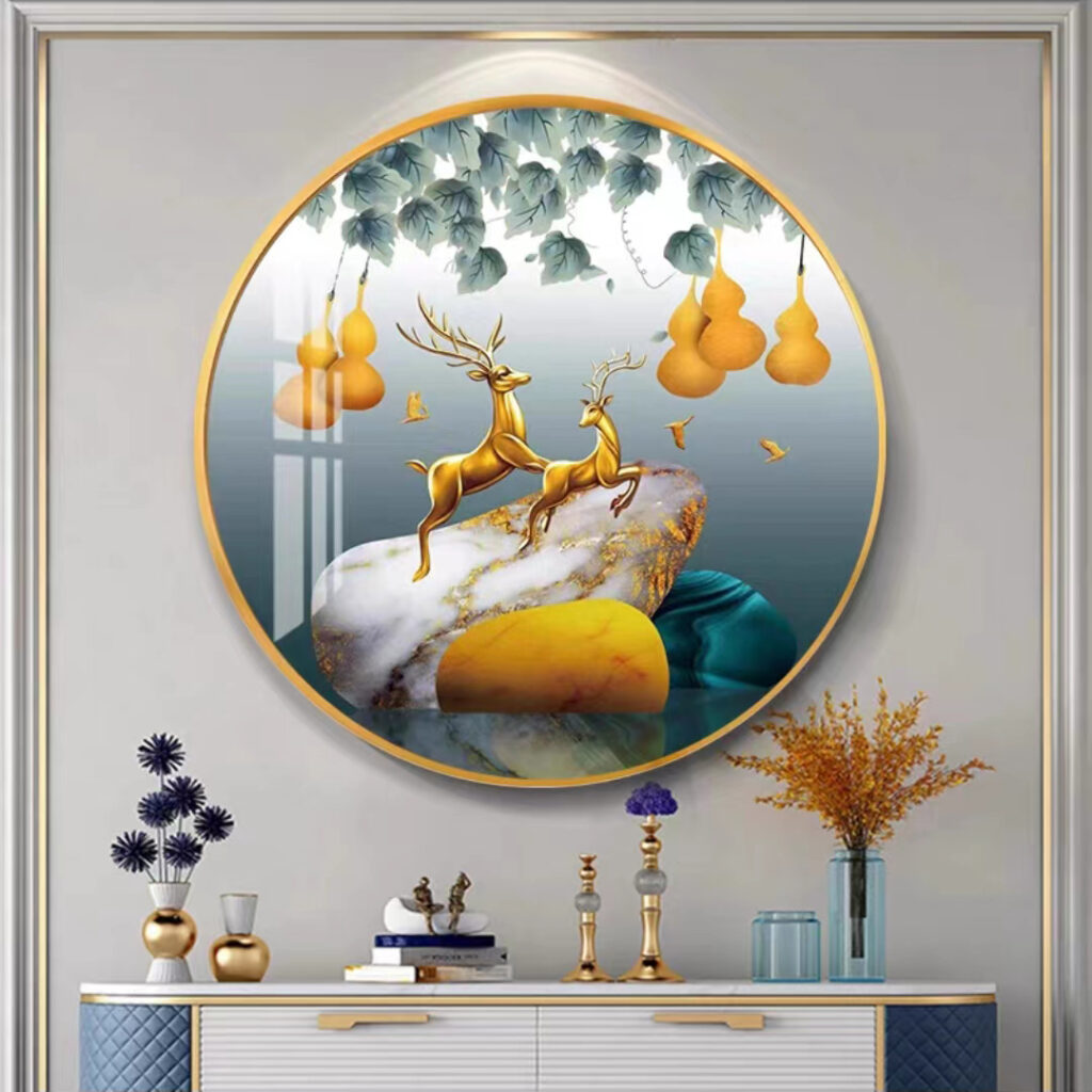 Golden Deer with Flower Horn Round Crystal Porcelain 5D Wall Art ...