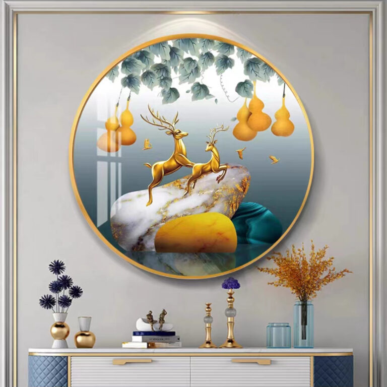 Golden Deer with Flower Horn Round Crystal Porcelain 5D Wall Art ...