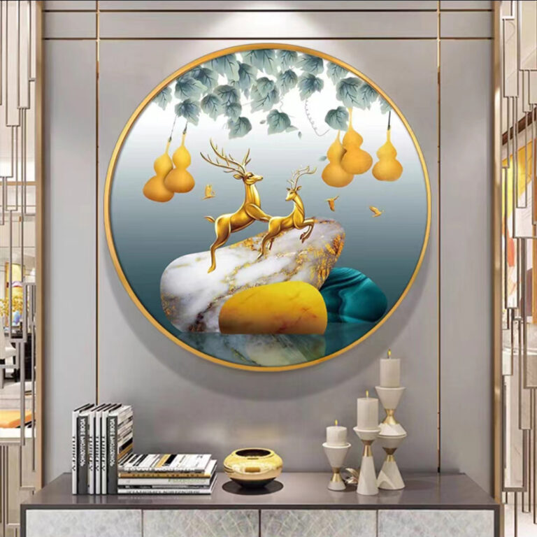 Golden Deer with Flower Horn Round Crystal Porcelain 5D Wall Art ...