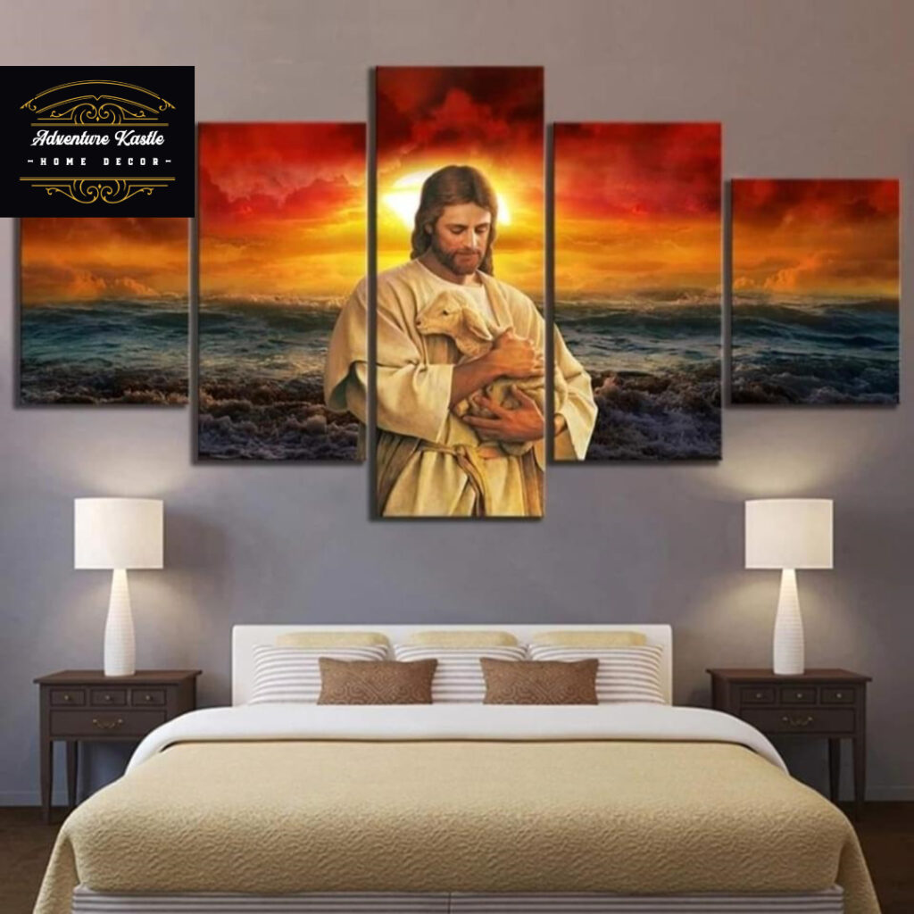 Jesus Christ And Lamb Wall Art | Stretched 5 Piece Canvas Painting ...